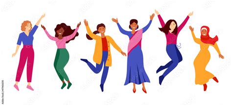 Women Jumping Multicultural Girls With Different Skin Color Group Of