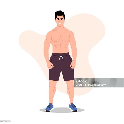 잘 생긴 운동 선수 남자의 벡터 그림 탄탄한 몸매 복근 이두박근 곱슬 머리 반바지와 운동화를 입고 웃는 귀여운 운동 소년의 만화 장면 강하고 건강한 남자 호리호리한 남자