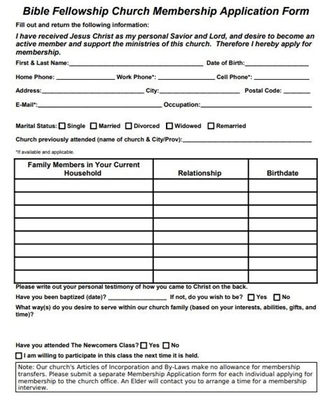 Church Membership Application Form Template Excel Tmp