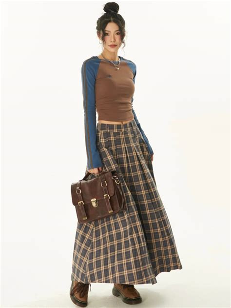 Jaslyn Plaid High Waist Pleated Long Maxi Skirt Fashion Inspo Outfits