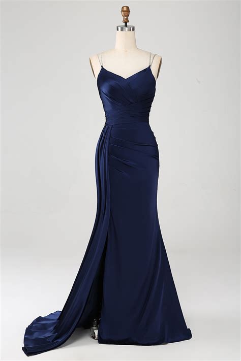 Zapakasa Women Navy Prom Dress Mermaid Spaghetti Straps Pleated Corset
