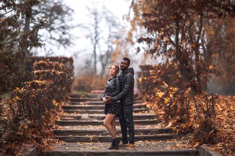 Happy Cute Interracial Couple Posing Blurry Autumn Park Background