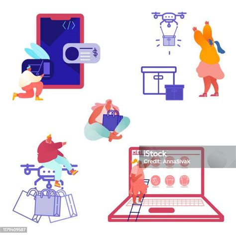 쿼드 콥터를 제어하는 사람들과 무인 항공기 배달 서비스 개념 여자와 남자 캐릭터 온라인 쇼핑 헬리콥터 제어 비행 운송을위한 항공기 장비 벡터 일러스트레이션