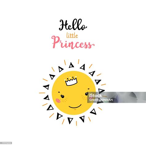 귀여운 미소 태양과 레터링 따옴표 안녕하세요 작은 공주와 함께 아이들을위한 인쇄 디자인 만화 낙서 재미 태양 얼굴 벡터 일러스트