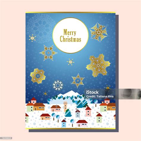배너 전단지 초대장 포스터 웹 사이트 또는 인사말 카드에 대한 겨울 주택과 그래픽 나무와 눈송이 디자인 인사말 초대 카드 템플릿 디자인 벡터 일러스트레이션 0명에 대한 스톡