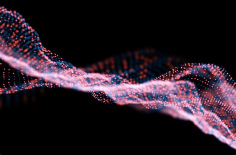 추상적 빨간색 파티클 배경입니다 점 풍경이 있는 흐름 파 디지털 데이터 구조 미래의 메시 또는 사운드 그리드 패턴 점 시각화 기술 벡터 그림 점 연결하기에 대한 스톡 벡터