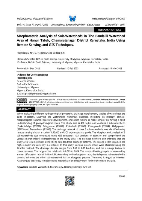 Pdf Morphometric Analysis Of Sub Watersheds In The Bandalli Watershed