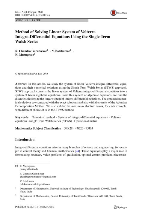 Pdf Single Term Walsh Series Approach For The System Of Linear And Non Linear Volterra