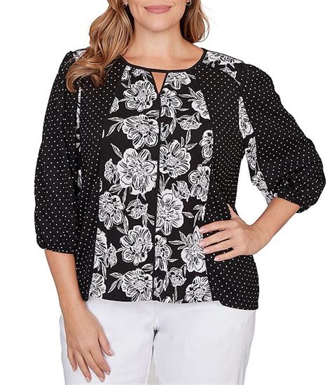 Ruby Rd Plus Size Crinkle Knit Placed Floral Dots Keyhole Neck 34