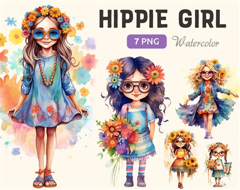Hippie Girl Clipart 7 Png Bundle Watercolor Flower Power Sublimation