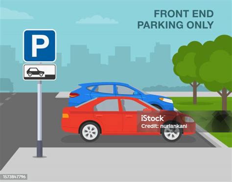 야외 주차 요령 및 규칙 도시 도로에 주차된 자동차의 측면 모습 프론트 엔드 주차 전용표지판 의미 벡터 그림 템플릿입니다 개체
