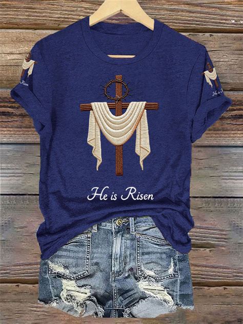 Womens He Is Risen Jesus Christian Cross Print V Neck Tee Faithqueen