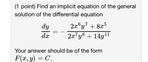 Solved Find An Implicit Equation Of The General Solution Of Chegg Com