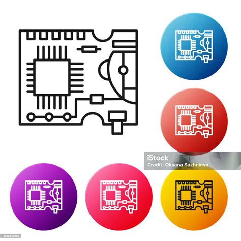 흰색 배경에 격리 된 검은 색 라인 인쇄 회로 기판 Pcb 아이콘 아이콘 다채로운 원 버튼을 설정합니다 벡터 일러스트레이션 Cpu에 대한 스톡 벡터 아트 및 기타 이미지