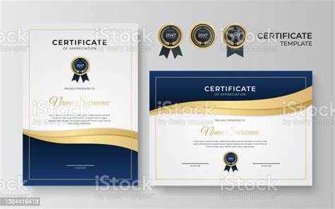현대 블루 와 골드 인증서 템플릿 수상 비즈니스 및 교육을 위한 배지가 설정된 디플로마 인증서 테두리 템플릿 증명서에 대한 스톡 벡터 아트 및 기타 이미지 Istock