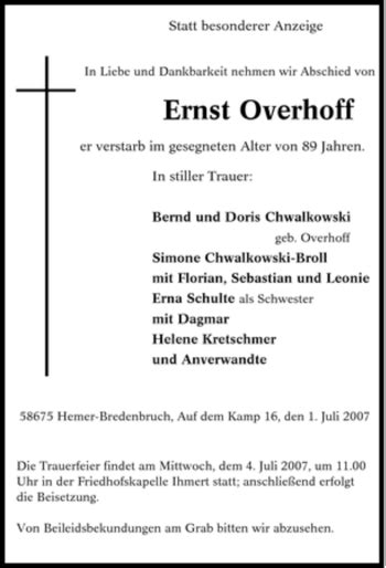 Traueranzeigen Von Ernst Overhoff Trauer In Nrwde