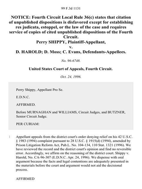 Perry Shippy V D Harold D Moss C Evans 99 F3d 1131 4th Cir