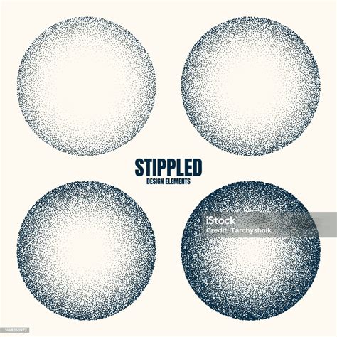 둥근 모양의 점선 개체 빈티지 스티플 요소 페이딩 그라디언트 점각 도트 워크 그리기 점을 사용한 음영 하프 톤 붕괴 효과 백색 소음 거친 질감 벡터 그림 0명에 대한 스톡