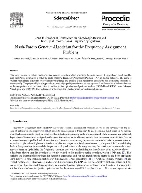 pdf nash pareto genetic algorithm for the frequency assignment problem