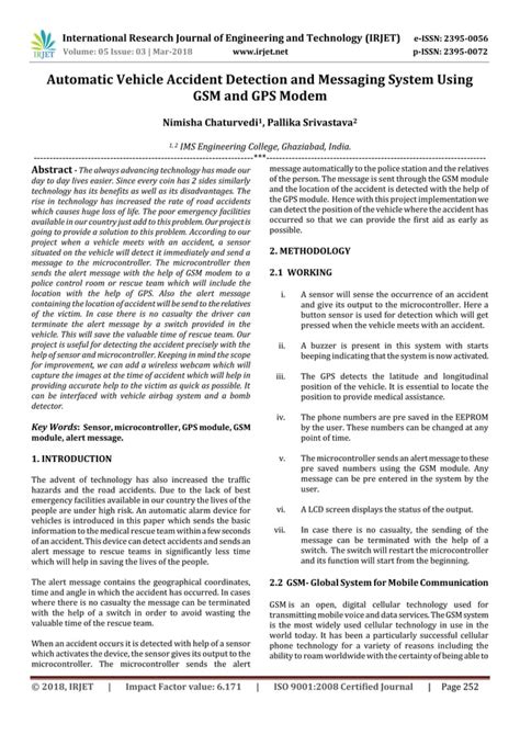 Irjet Automatic Vehicle Accident Detection And Messaging System Using Gsm And Gps Modem Pdf