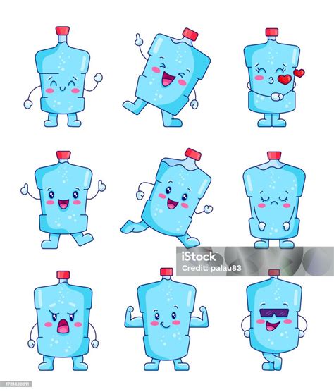 귀엽고 재미 있는 페트병 캐릭터 팔과 다리가 있는 만화 카와이 물 손으로 그린 스타일입니다 벡터 그리기 디자인 요소 모음 가공의 인물에 대한 스톡 벡터 아트 및 기타 이미지