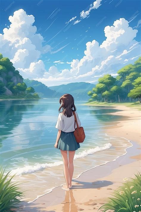 Anime Girl On The Beach Enjoying Landscape With Lake And Clouds
