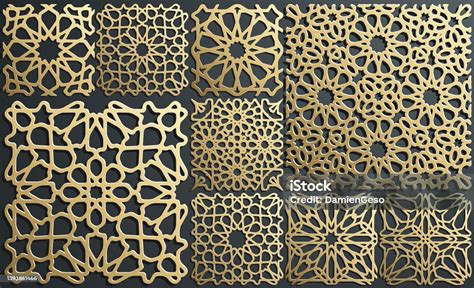 검은 색에 금 장식품 이슬람 패턴 세트 아랍어 기하학적 패턴 번들 동쪽 장식품 인도 장식품 페르시아 모티프 이드 무바라크 벽
