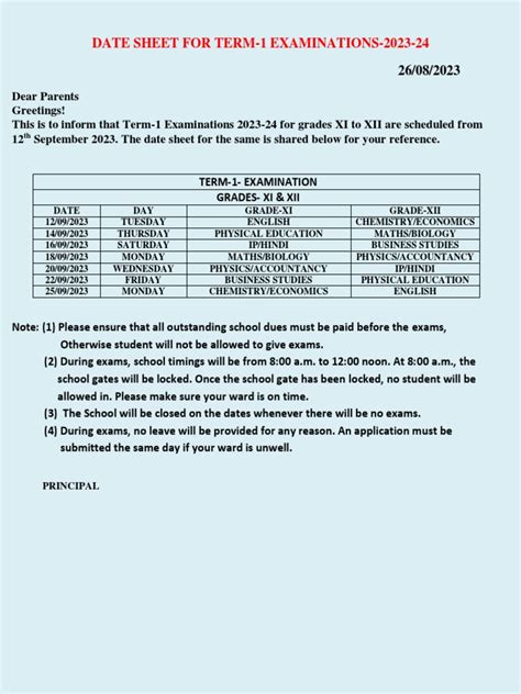 Term 1 Date Sheet Class Xi And Xii Pdf