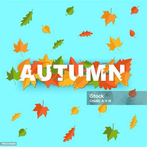 녹색 노란색 빨간색 단어가을 구성 종이 스타일 컷에 파란색 배경에 나뭇잎 가 잎 디자인 포스터 배너 전단지에 대 한 현실적인