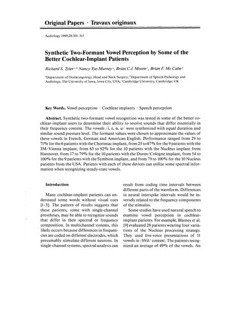 Pdf Synthetic Two Formant Vowel Perception By Some Of The Better Cochlear Implant Patients