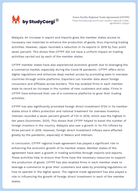 Trans Pacific Regional Trade Agreement Cptpp Free Essay Example