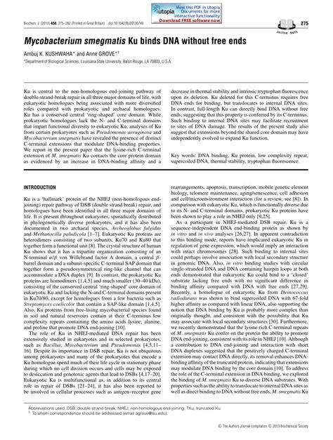 Pdf Mycobacterium Smegmatis Ku Binds Dna Without Free Ends