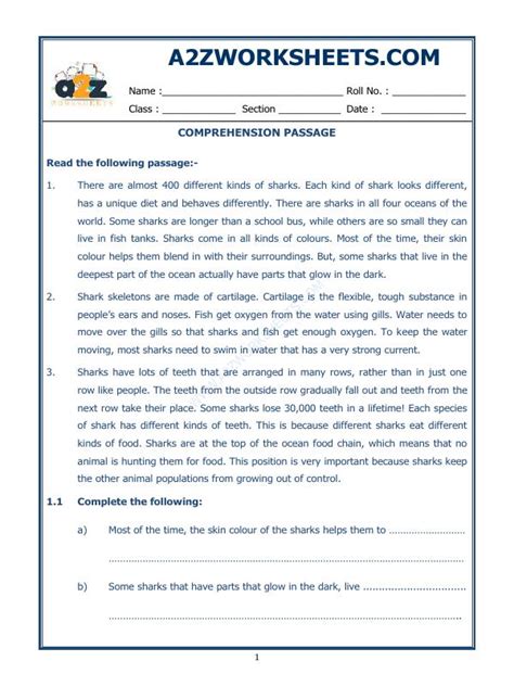 A2zworksheetsworksheet Of English Comprehension Passage 18 Reading English