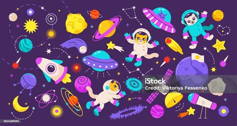 고양이 우주 비행사와 함께 귀여운 어린이 공간 환상적인 은하계의 쾌활한 고양이 행성 우주선 및 비행 접시로 설정된 평면 벡터입니다 개체 그룹에 대한 스톡 벡터 아트 및 기타