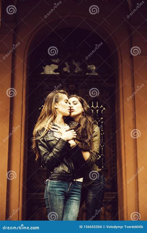 Couple In Love Hugging And Kissing In Jeans Outdoors Stock Photo Image Of Makeup Beautiful