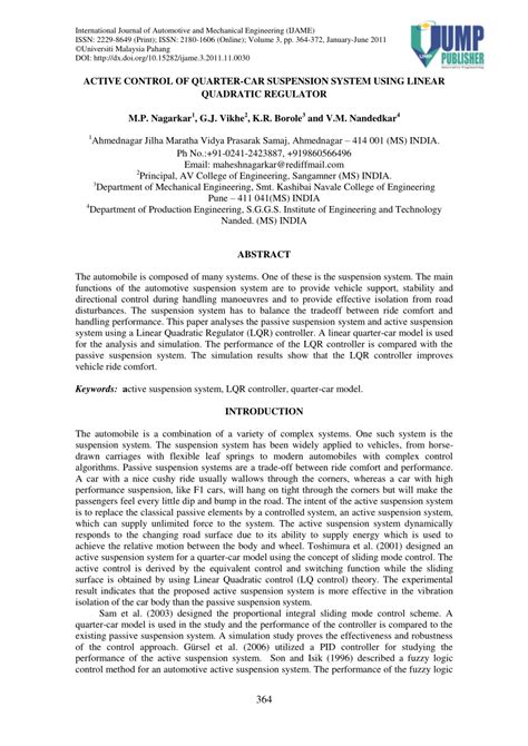 Pdf Active Control Of Quarter Car Suspension System Using Linear