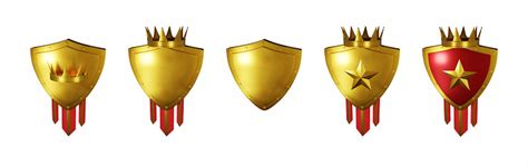3d 황금 방패 세트 레벨 업 게임 배지 현실적인 금속 렌더 트로피 중세 왕실 상 키트 3차원 형태에 대한 스톡 사진 및 기타 이미지 Istock