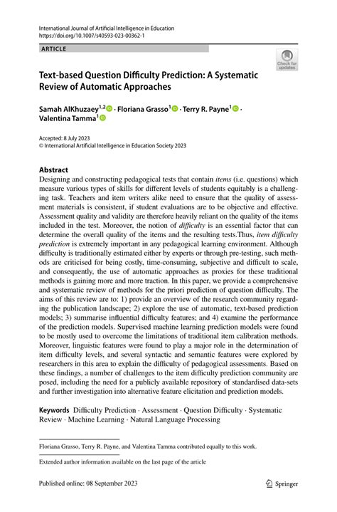 Pdf Text Based Question Difficulty Prediction A Systematic Review Of Automatic Approaches