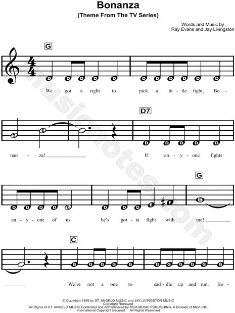 Theme From Bonanza From Bonanza Sheet Music For Beginners In C