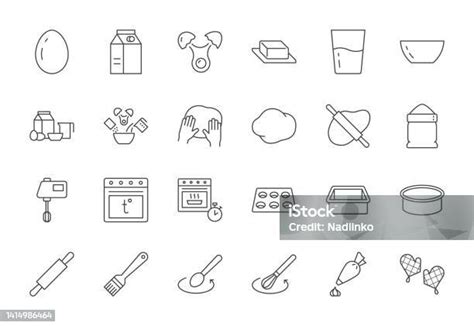 베이킹 라인 아이콘 세트 베이커리 아이콘 믹서 유리 예열 오븐 형태 버터 계란 우유 롤링 핀 털 과자 가방 스토브 요리 조리법의 간단한 개요 표시 편집 가능한 획 아이콘에