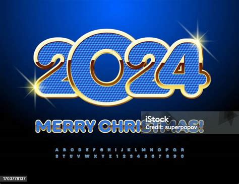벡터 엘리트 인사말 카드 메리 크리스마스 2024 파란색과 금색 알파벳 문자와 숫자 세트 12월 31일에 대한 스톡 벡터 아트