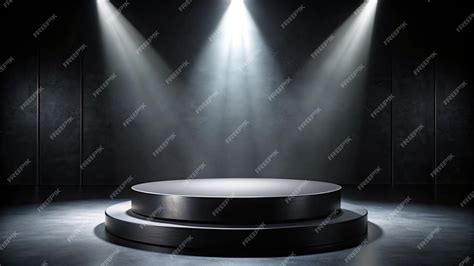 Abstract Black Stage With One Round Podium In Light Beam With Light Spot Mockup Premium Ai
