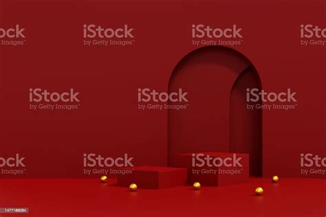 달콤한 빨간색 플랫폼이있는 무대에서 최소한의 빨간색 연단 화장품 및 음료 제품을 보여주는 단계 받침대 현대 3d 스튜디오 레드 플랫폼에서 무대 여름 0명에 대한 스톡 사진