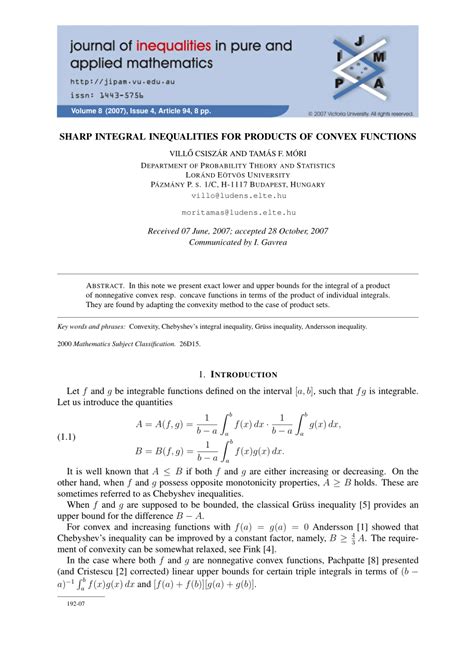 Pdf Sharp Integral Inequalities For Products Of Convex Functions