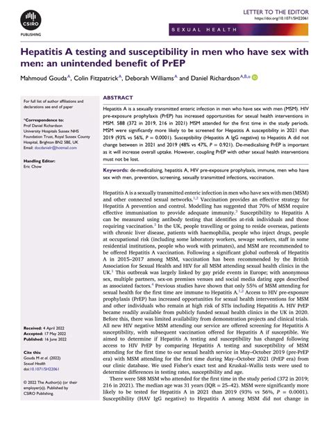Pdf Hepatitis A Testing And Susceptibility In Men Who Have Sex With Men An Unintended Benefit