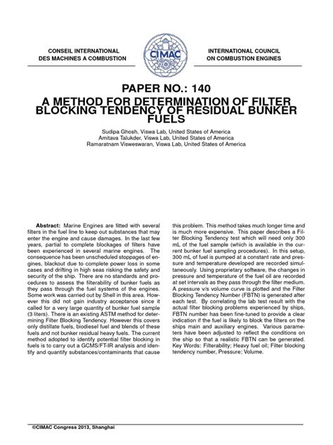 Determination Of Filter Blocking Tendency Of Residual Bunker Fuels Pdf Fuel Oil Filtration