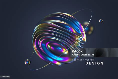 반지와 공이 있는 물결 모양의 구체3d 3차원 형태에 대한 스톡 벡터 아트 및 기타 이미지 3차원 형태 홀로그램 홀로그래픽 Istock