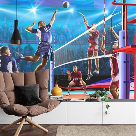 Fotobehang Volleybalspelers Tijdens Het Spel Bol