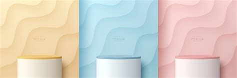 분홍색 노란색 파란색 흰색 현실적인 3d 실린더 스탠드 연단 물결 모양의 레이어 배경 세트 벡터 추상 기하학적 형태 파스텔 제품 무대 쇼케이스 프로모션 디스플레이를위한 최소