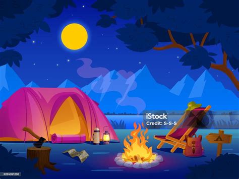 밤 캠프 풍경 어두운 숲의 캠프장 캠프 파이어와 텐트 저녁 피크닉 숲 자연 장면 여행 하이킹 여행 휴식 나무 모닥불 깔끔한 벡터 일러스트 레이 션으로 캠핑 경관에 대한 스톡